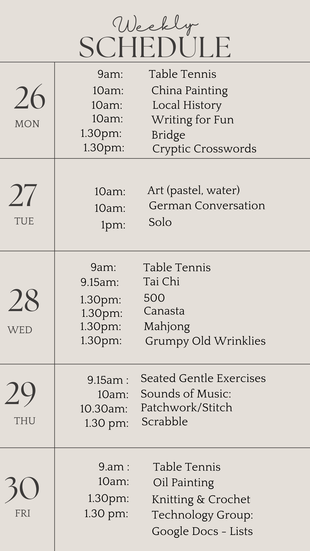 Weekly Community Activity Schedule: Stay Engaged and Inspired! - U3A