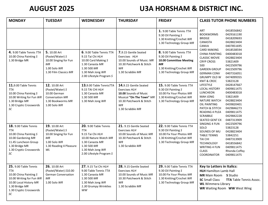 Timetable - U3A
